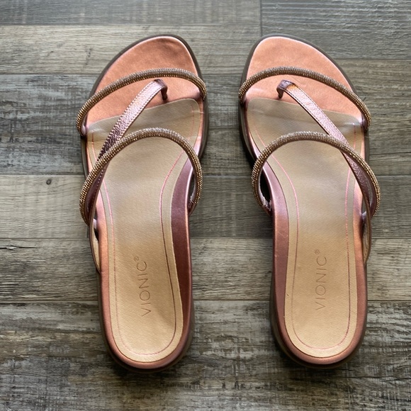Vionic | Shoes | Vionic Prism Metallic Leather Beaded Strappy Sandals ...